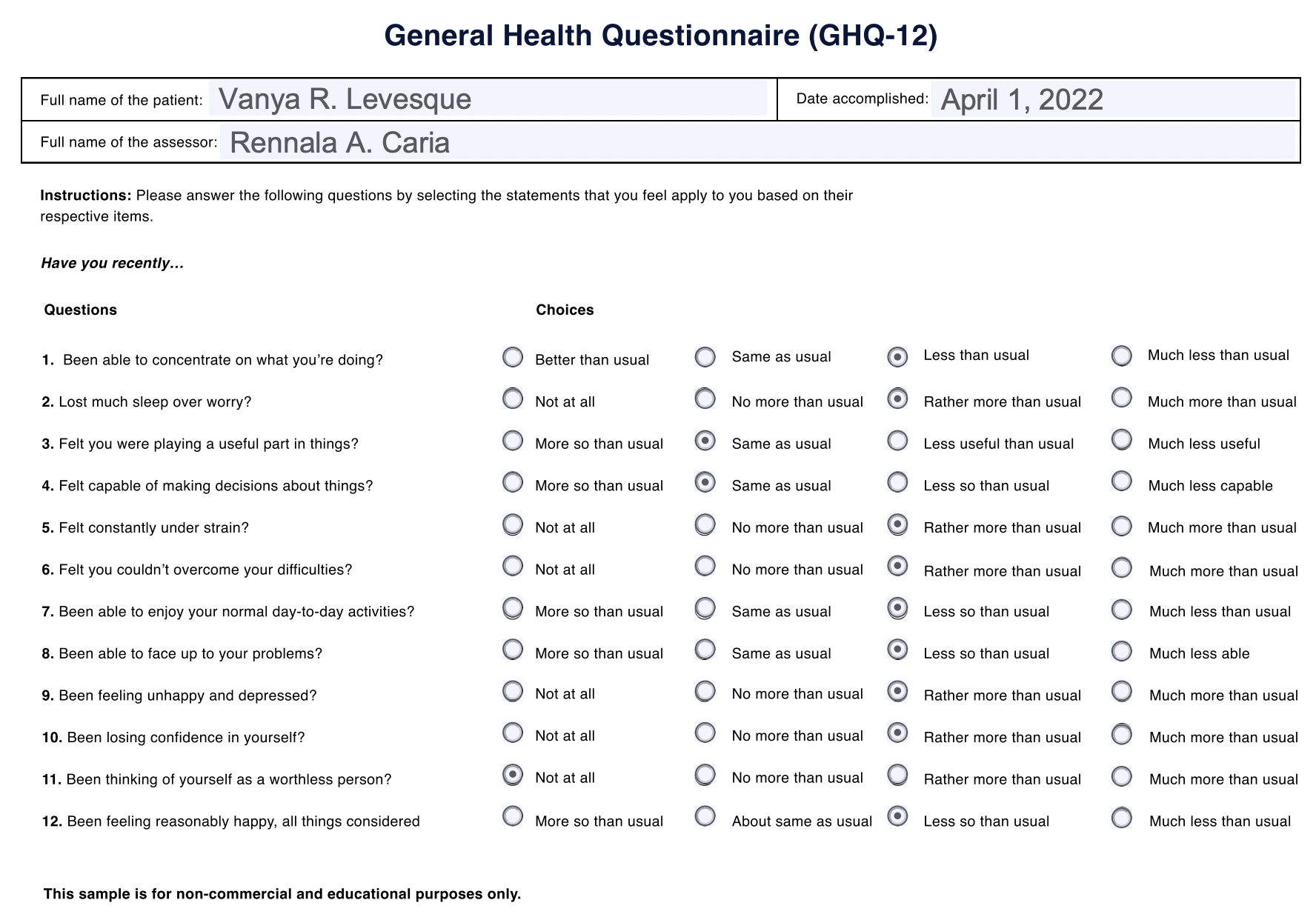 General Health Questionnaire (GHQ-12) & Example